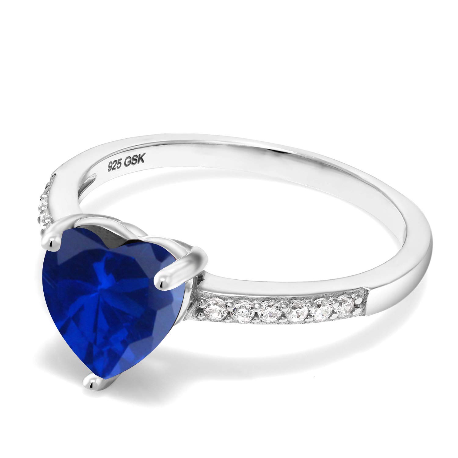 Gem Stone King 925 Sterling Silver Blue Created Sapphire Ring For Women (1.14 Cttw, Heart Shape 8MM, Available in size 5, 6, 7, 8, 9)