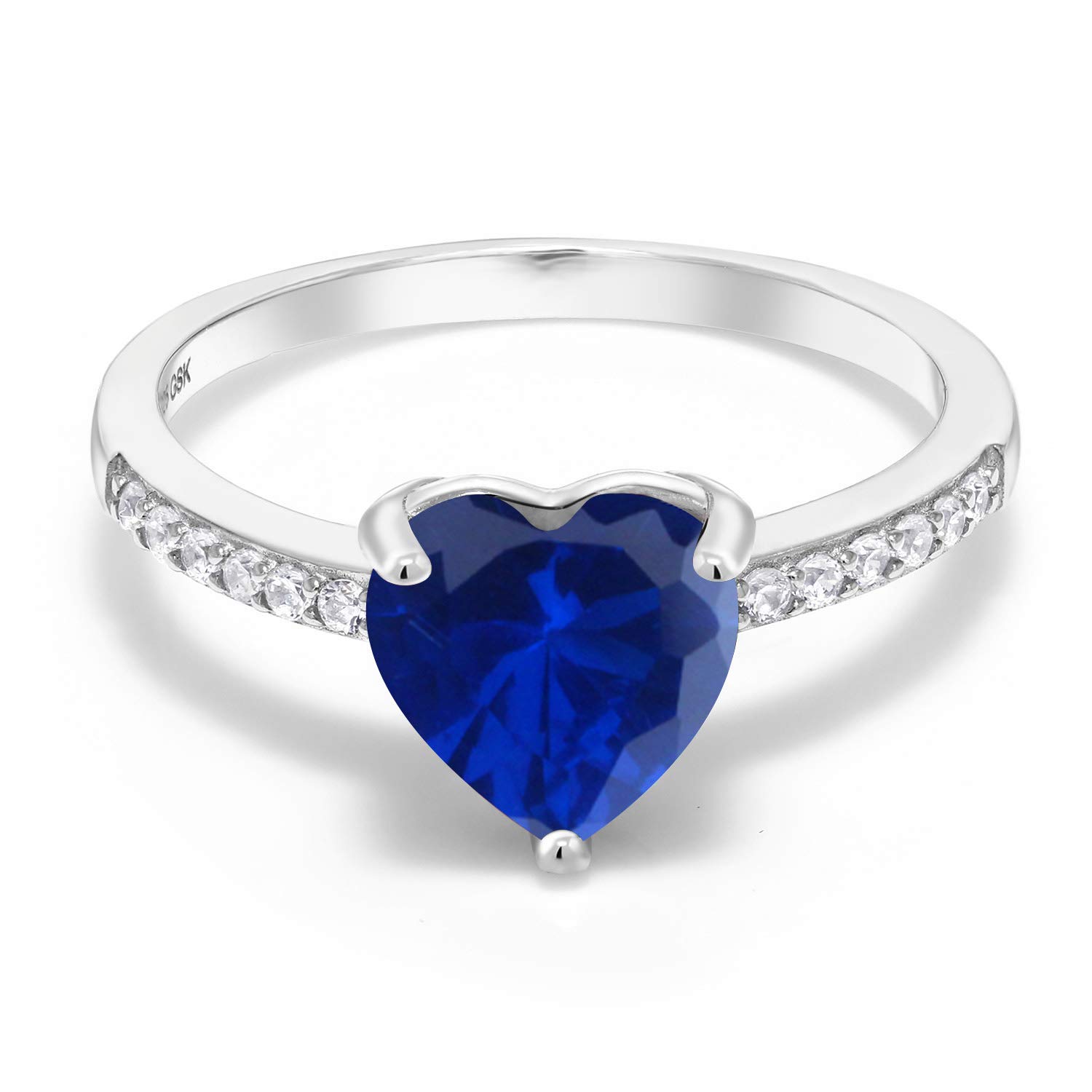 Gem Stone King 925 Sterling Silver Blue Created Sapphire Ring For Women (1.14 Cttw, Heart Shape 8MM, Available in size 5, 6, 7, 8, 9)