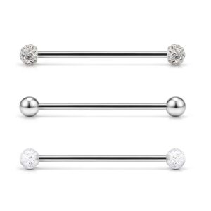 ruifan 3pcs 14g stainless steel crystal ferido ball short industrial barbell earring cartilage body piercing jewelry 1 1/4 inch(32mm)