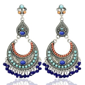 rechicgu retro silver women indian earrings tribal vintage crescent blue stone jhumki jhumka banjara kuchi belly dance gypsy oxidized earrings