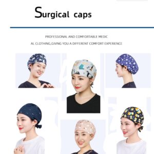 Cute Printed Working Cap Bouffant Turban Cap with Sweatband Adjustable Tie Back Hats for Women/Men