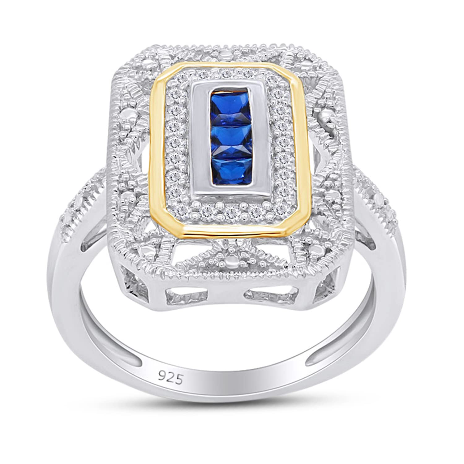 14K White Gold Over Sterling Silver Simulated Blue Sapphire & Diamond Accent Art Deco-Style Ring (1/10 cttw, I-J Color, I3 Clarity) Ring Size-4