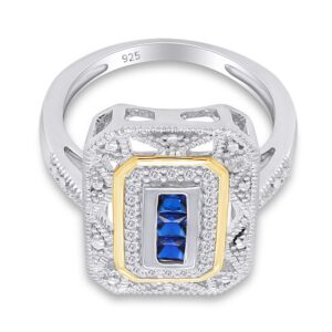 14K White Gold Over Sterling Silver Simulated Blue Sapphire & Diamond Accent Art Deco-Style Ring (1/10 cttw, I-J Color, I3 Clarity) Ring Size-4