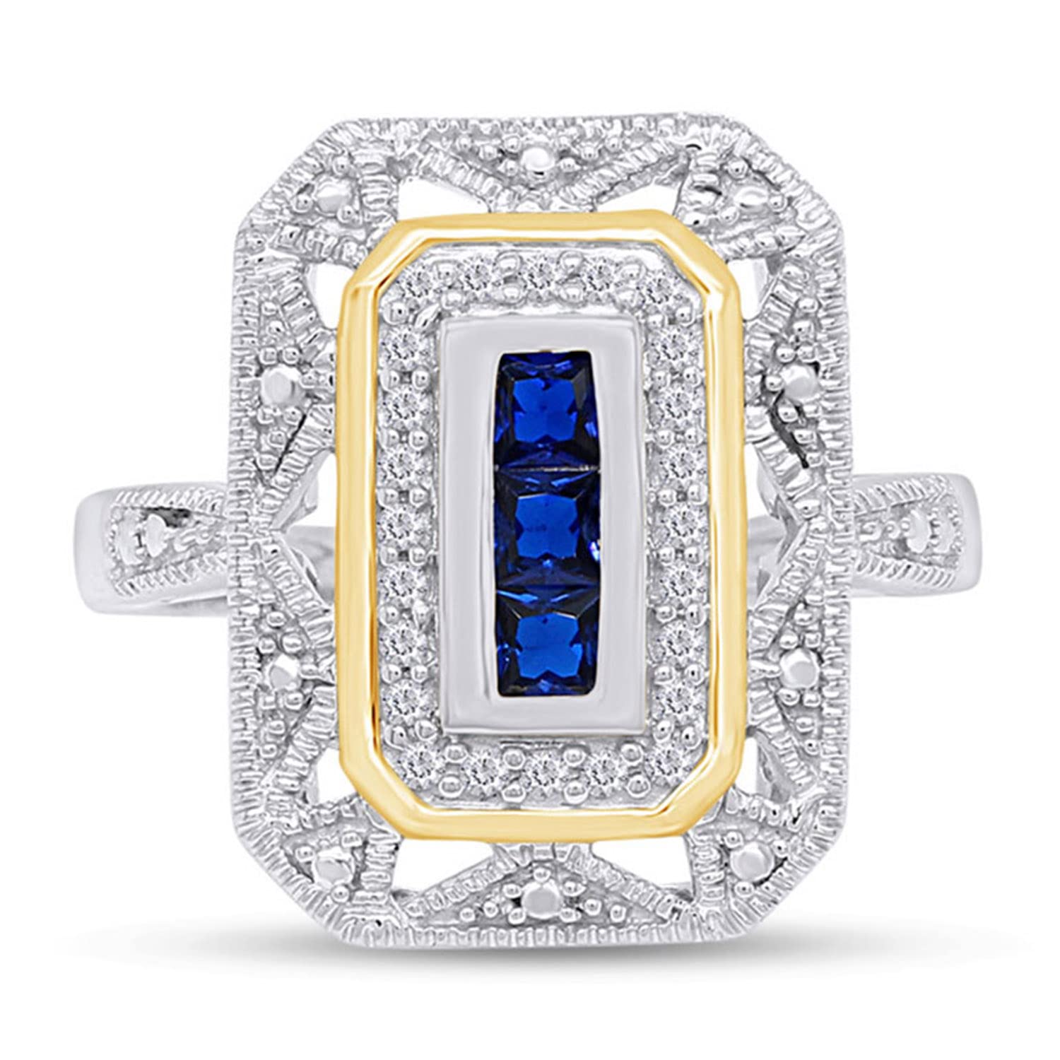 14K White Gold Over Sterling Silver Simulated Blue Sapphire & Diamond Accent Art Deco-Style Ring (1/10 cttw, I-J Color, I3 Clarity) Ring Size-4