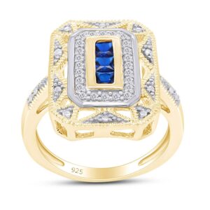 14k yellow gold over sterling silver simulated blue sapphire & diamond accent art deco-style ring (1/10 cttw, i-j color, i3 clarity) ring size-7