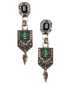 gold tone art deco antique vintage flapper jet black onyx green emerald rhinestone wedding bridal prom long dangle earrings