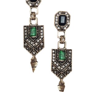 Gold Tone Art Deco Antique Vintage Flapper Jet Black Onyx Green Emerald Rhinestone Wedding Bridal Prom Long Dangle Earrings