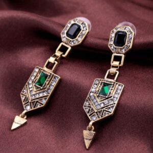 Gold Tone Art Deco Antique Vintage Flapper Jet Black Onyx Green Emerald Rhinestone Wedding Bridal Prom Long Dangle Earrings