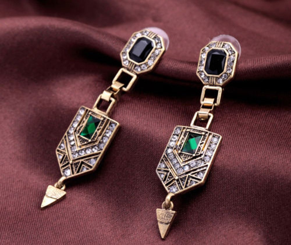 Gold Tone Art Deco Antique Vintage Flapper Jet Black Onyx Green Emerald Rhinestone Wedding Bridal Prom Long Dangle Earrings