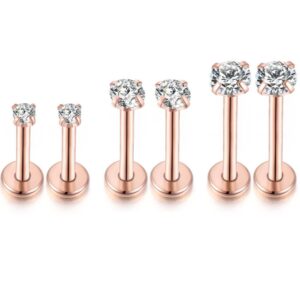 3Pairs 16G CZ Labret Cartilage Tragus Monroe Lip Nose Helix Studs Earrings Stainless Steel Piercings Jewelry (rose gold)