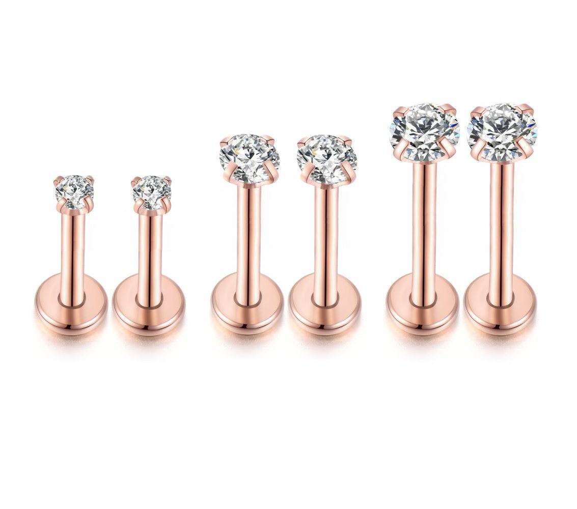 3Pairs 16G CZ Labret Cartilage Tragus Monroe Lip Nose Helix Studs Earrings Stainless Steel Piercings Jewelry (rose gold)