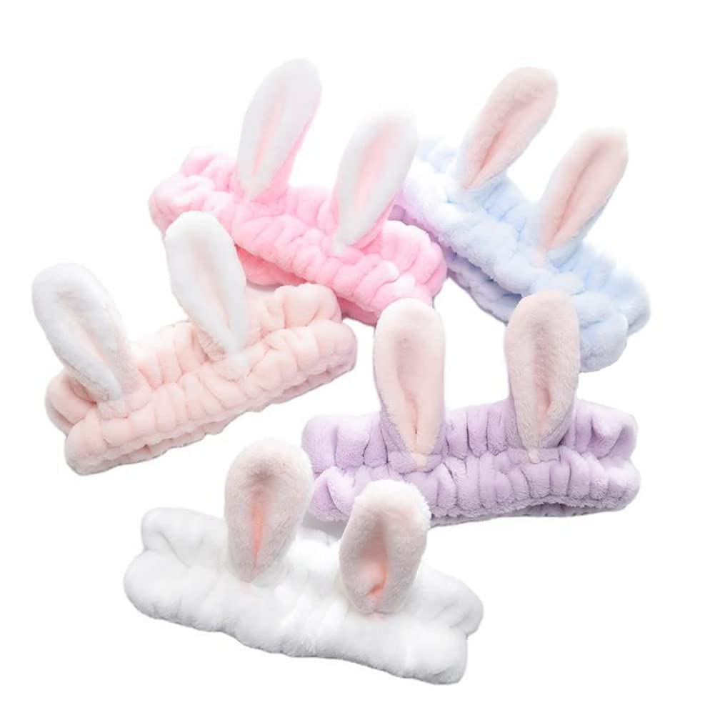 LOVEF 5Pcs Bunny Ear Cosmetic Headband Fashion Cute Fluffy Elastic Makeup Headband Hairband for Shower, Face Washing, Facial Mask, Spa, Cosplay, Party