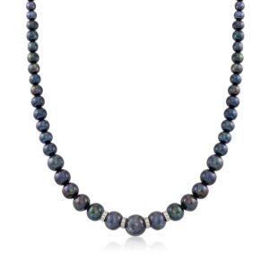 ross-simons 5-11.5mm graduated black cultured pearl necklace with .24 ct. t.w. diamonds and sterling silver. 16 inches