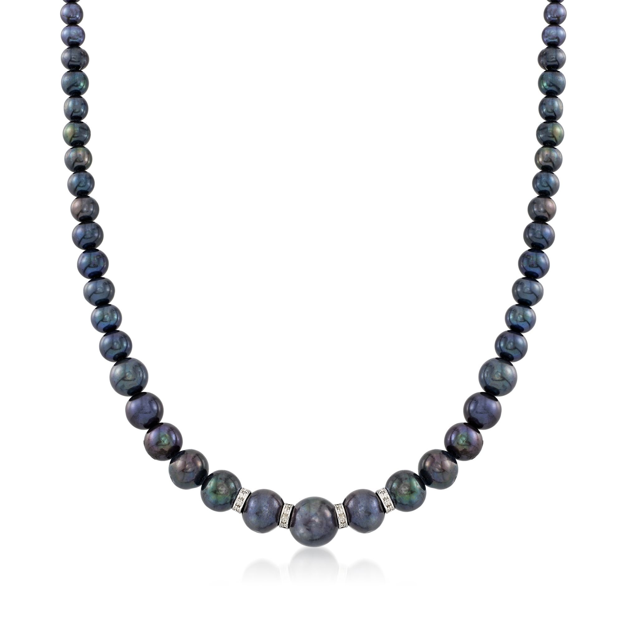 Ross-Simons 5-11.5mm Graduated Black Cultured Pearl Necklace With .24 ct. t.w. Diamonds and Sterling Silver. 16 inches