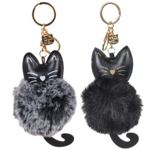 dreams and whispers 2 pack cute novelty black and gray kitty cat keychain faux fur ball pom pom key chain ring for women bag pendant (black and gray cat)