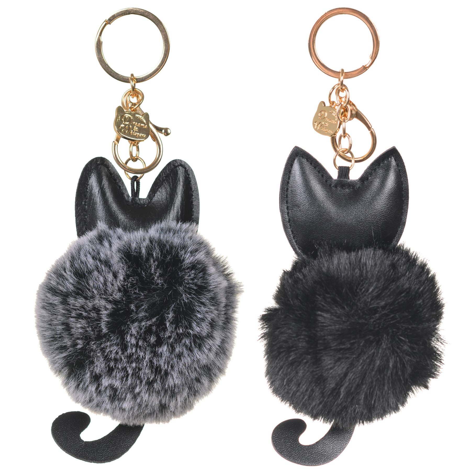 Dreams and Whispers 2 Pack Cute Novelty Black and Gray Kitty Cat Keychain Faux Fur Ball Pom Pom Key Chain Ring for Women Bag Pendant (Black and Gray Cat)