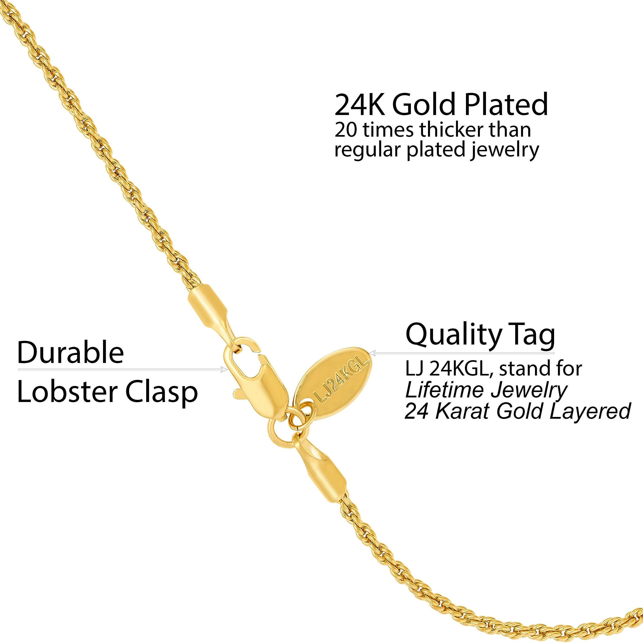 LIFETIME JEWELRY 1mm Rope Chain Bracelet for Women Men Teen 24k Real Gold Plated (Gold, 7 inches)