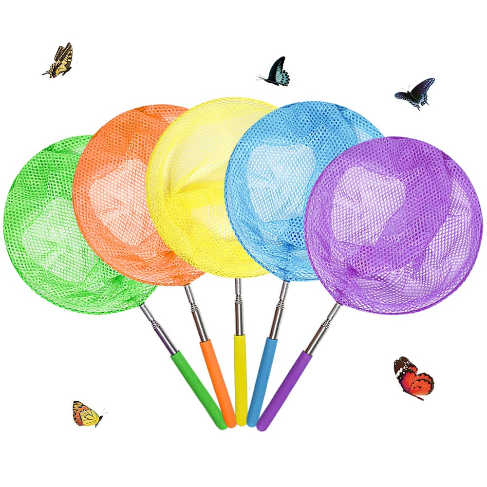 USATDD Kids Telescopic Butterfly Fishing Nets Great for Catching Insects Bugs Fish Caterpillar Ladybird Nets Outdoor Tools Colorful Extendable 34" Inch (5 Pack)