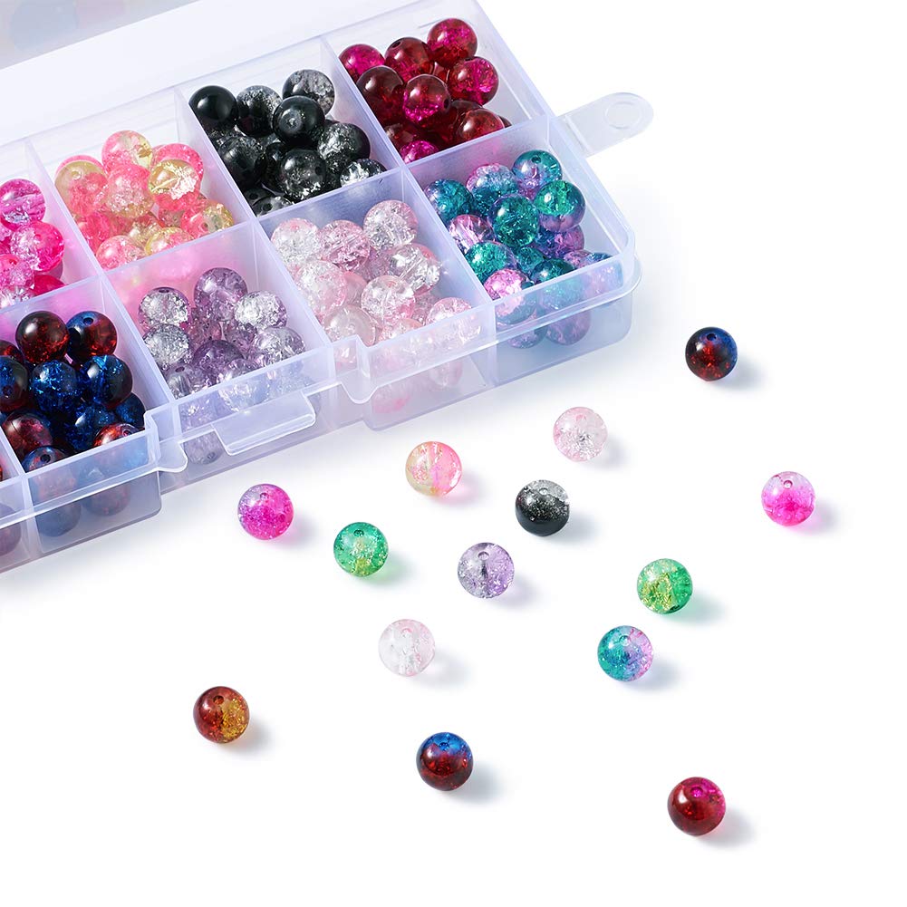 KISSITTY 8mm Crackle Glass Crystal Beads 10 Colors Two Tone Transparent Crackle Glass Loose Round Beads for DIY Jewelry Pen Sun Catchers Making About 200pcs/box