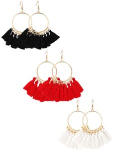 gejoy tassel hoop earrings fan-shaped drop earrings dangle eardrop for women party bohemia dress accessory, 3 pairs