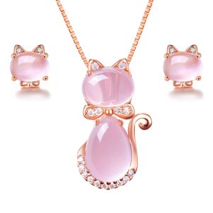 uloveido cute cat shape light pink crystal jewelry set for women, studs earrings and pendant necklace for her y404