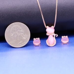 Uloveido Cute Cat Shape Light Pink Crystal Jewelry Set for Women, Studs Earrings and Pendant Necklace for Her Y404