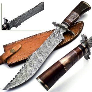 uk unique sharp knives bk-3039 handmade damascus steel 15 inches damascus steel hunting knife - beautiful rose wood & bone handle