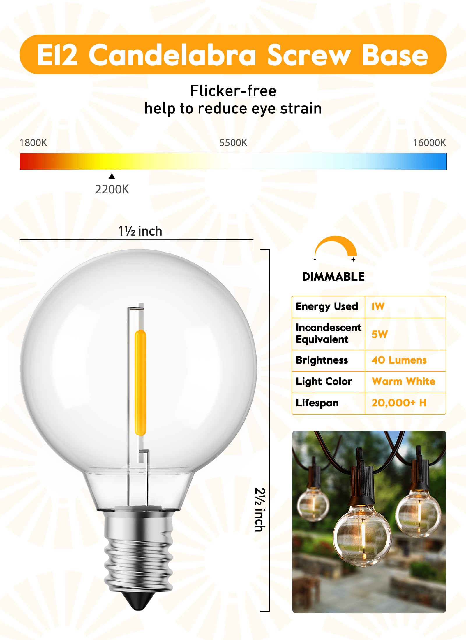 G40 Led Replacement Light Bulbs 1W Shatterproof Globe Bulb fits E12 Candelabra Screw Base, 1.5 Inch Dimmable Light Bulbs for Indoor Outdoor String Lights, Patio Cafe Decor, Warm White, 25 Pack