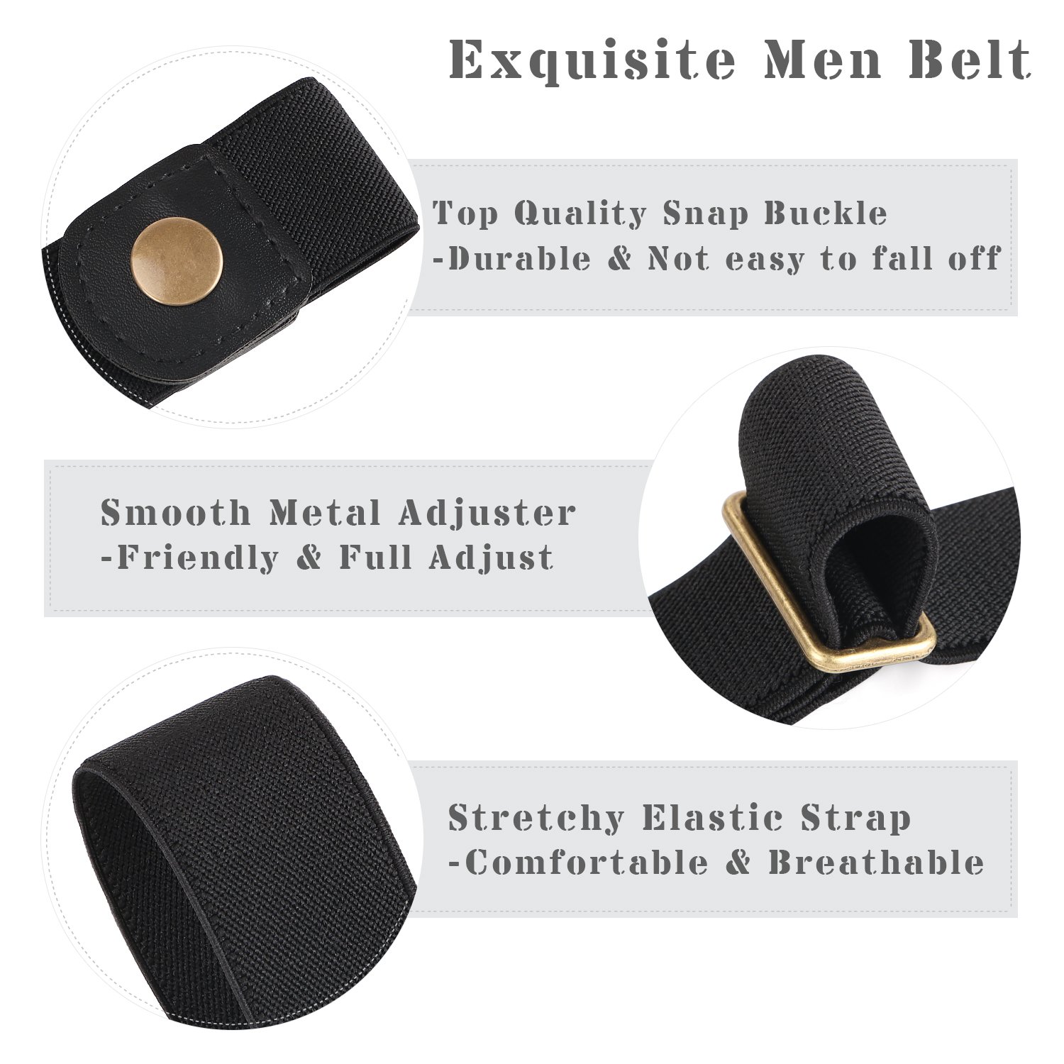 No Buckle Invisible Elastic Belt for Men/Women Black, Fits waist 36-50in