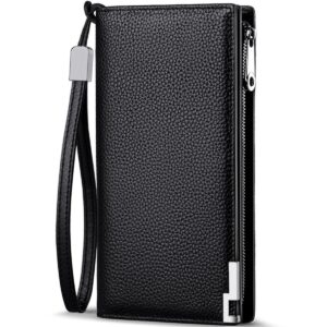 huztencor long wallets for men leather rfid blocking wallet bifold slim credit card holder zip around wallet purse with zipper strap black