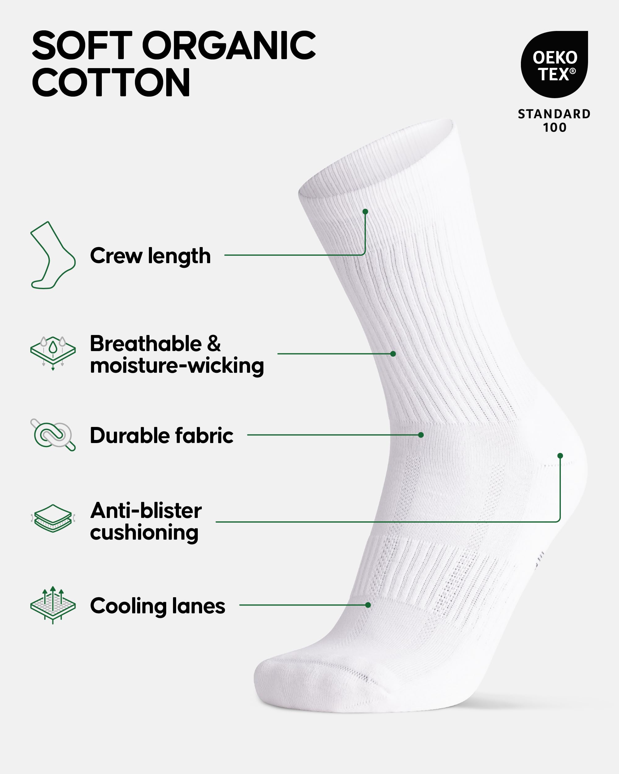 DANISH ENDURANCE Performance Crew Socks (White 3 Pairs, US Women 11-13 // US Men 9.5-12.5)