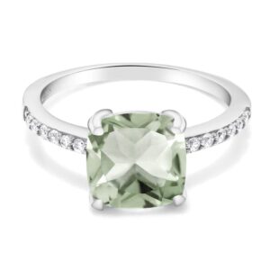 gem stone king 2.17 cttw green prasiolite engagement ring for women in 925 sterling silver | cushion cut 8mm | gemstone birthstone | available in size 5, 6, 7, 8, 9