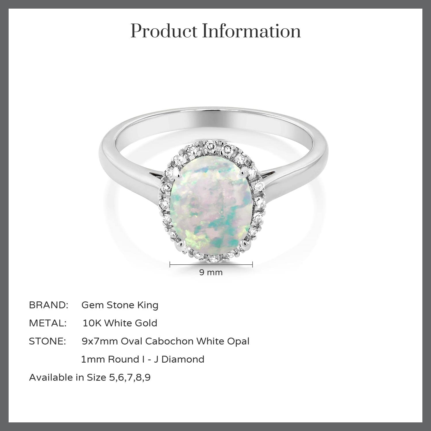 Gem Stone King 10K White Gold White Simulated Opal and Diamond Engagement Ring For Women (0.60 Cttw, Oval Cabochon 9X7MM) (Size 7)