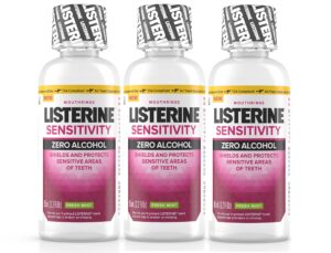 listerine sensitivity mouthwash, zero alcohol mouth rinse, fresh mint, travel size 3.2 ounces (95ml) - pack of 3