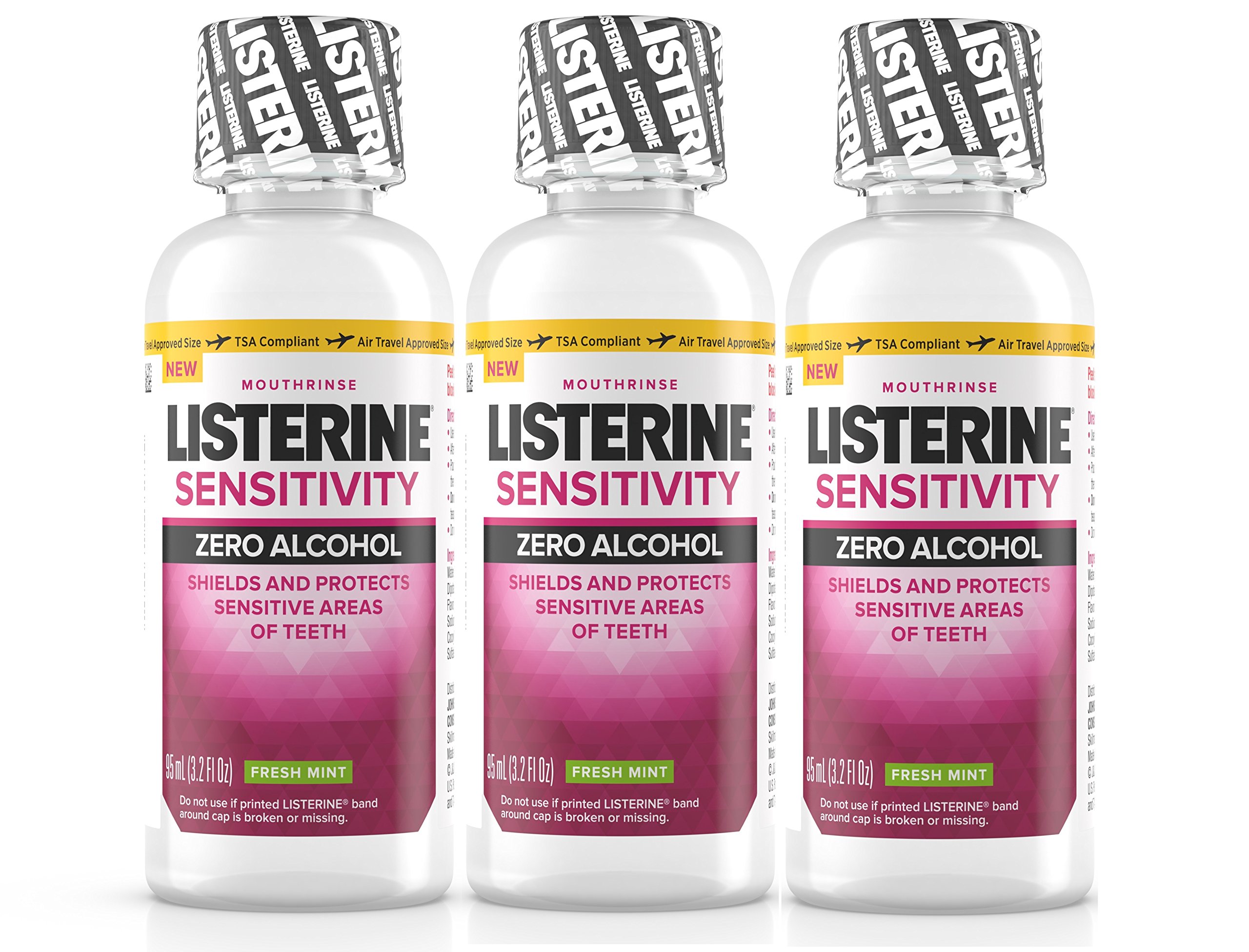 Listerine Sensitivity Mouthwash, Zero Alcohol Mouth Rinse, Fresh Mint, Travel Size 3.2 Ounces (95ml) - Pack of 3