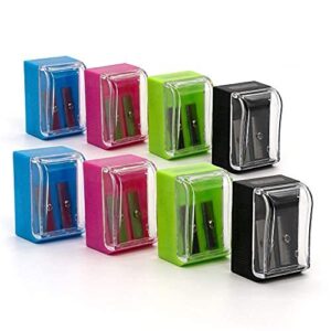 emraw dual blade square sharpener with receptacle to catch shavings for regular/oversize pencils & crayons designed in blue, green, pink & black plastic – great for school, home & office (8 pack)