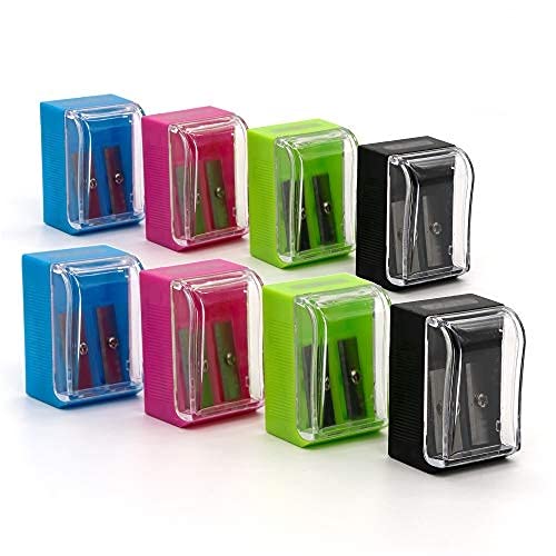 Emraw Dual Blade Square Sharpener with Receptacle to Catch Shavings for Regular/Oversize Pencils & Crayons Designed in Blue, Green, Pink & Black Plastic – Great for School, Home & Office (8 pack)