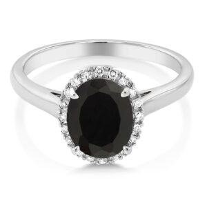 Gem Stone King 10K White Gold Black Onyx and Diamond Halo Engagement Ring | 2.14 Cttw | Oval 9X7MM | Gemstone Birthstone | Wedding Anniversary Promise Ring For Women (Size 7)