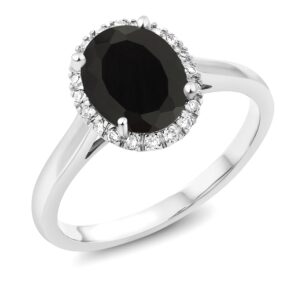 gem stone king 10k white gold black onyx and diamond halo engagement ring | 2.14 cttw | oval 9x7mm | gemstone birthstone | wedding anniversary promise ring for women (size 8)