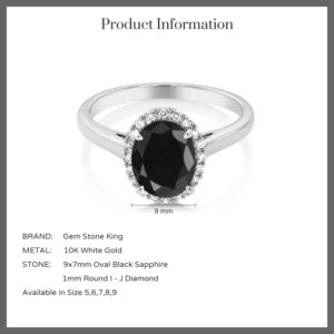 Gem Stone King 10K White Gold Black Sapphire Engagement Ring For Women | 2.54 Cttw | Oval 9X7MM | Gemstone Birthstone (Size 7)