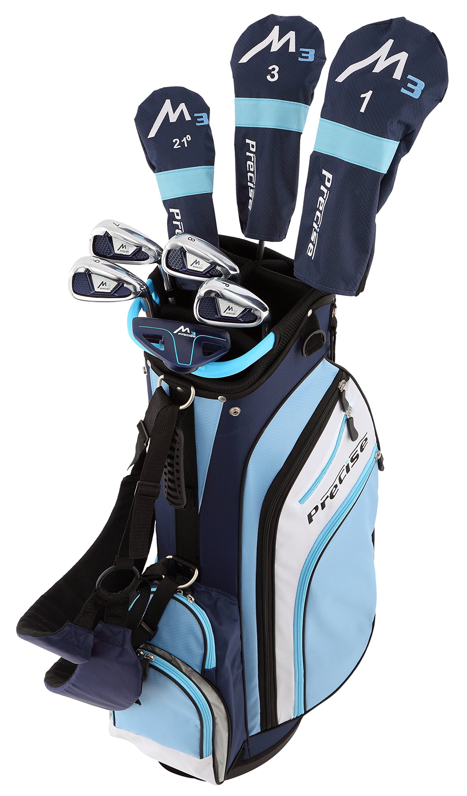 Precise M3 Ladies Womens Complete Golf Clubs Set Includes Driver, Fairway, Hybrid, 7-PW Irons, Putter, Stand Bag, 3 H/C's Blue - Regular or Petite Size!