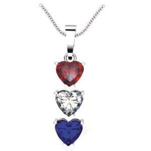 silver smile solid sterling silver three stone 2.25 ctw lab-grown ruby, white, blue heart shaped gemstone pendant necklace | patriotic pendant | gift for birthdays and anniversary for her