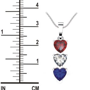 Silver Smile Solid Sterling Silver Three Stone 2.25 CTW Lab-Grown Ruby, White, Blue Heart Shaped Gemstone Pendant Necklace | Patriotic Pendant | Gift for Birthdays and Anniversary For Her