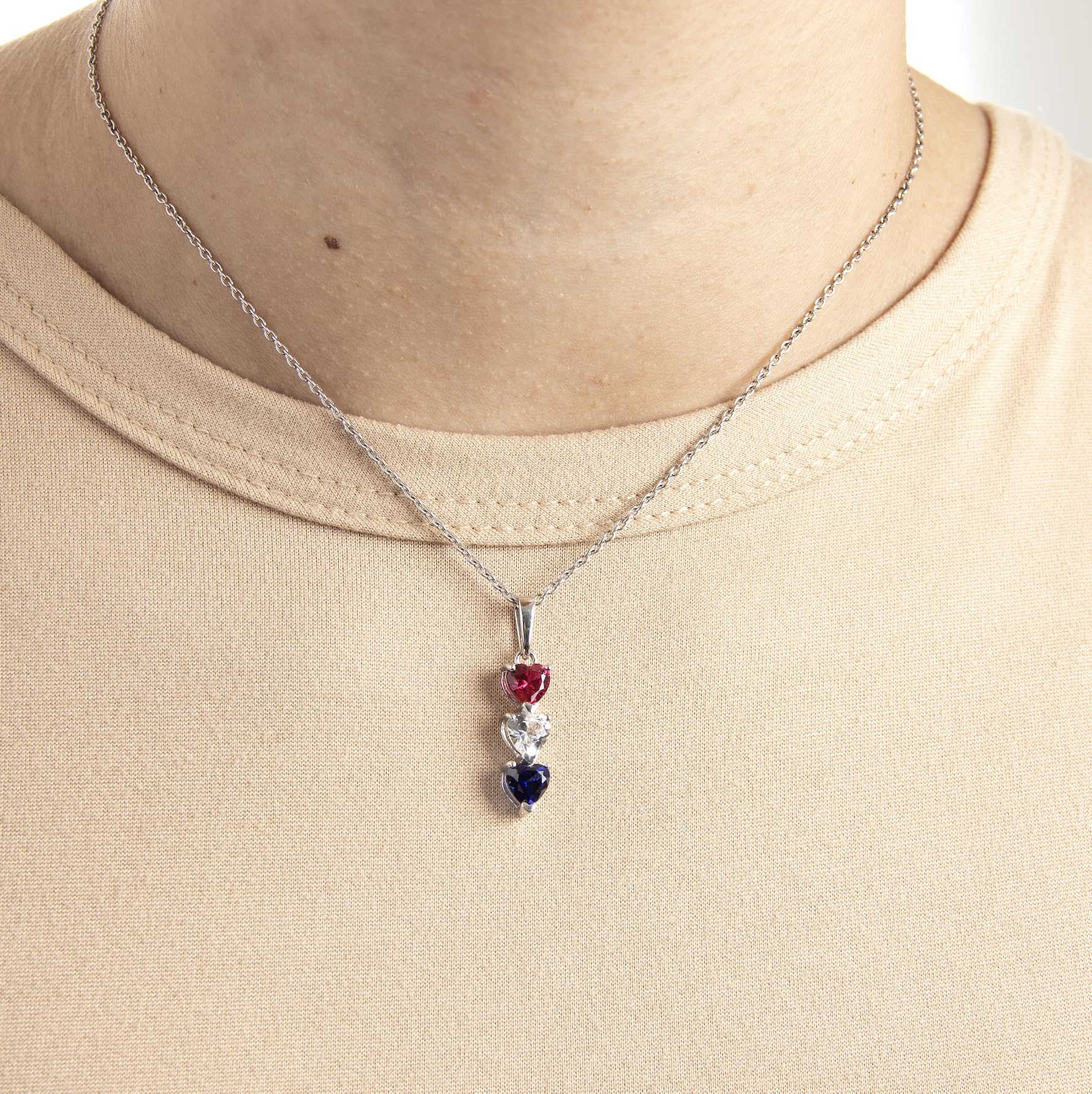 Silver Smile Solid Sterling Silver Three Stone 2.25 CTW Lab-Grown Ruby, White, Blue Heart Shaped Gemstone Pendant Necklace | Patriotic Pendant | Gift for Birthdays and Anniversary For Her