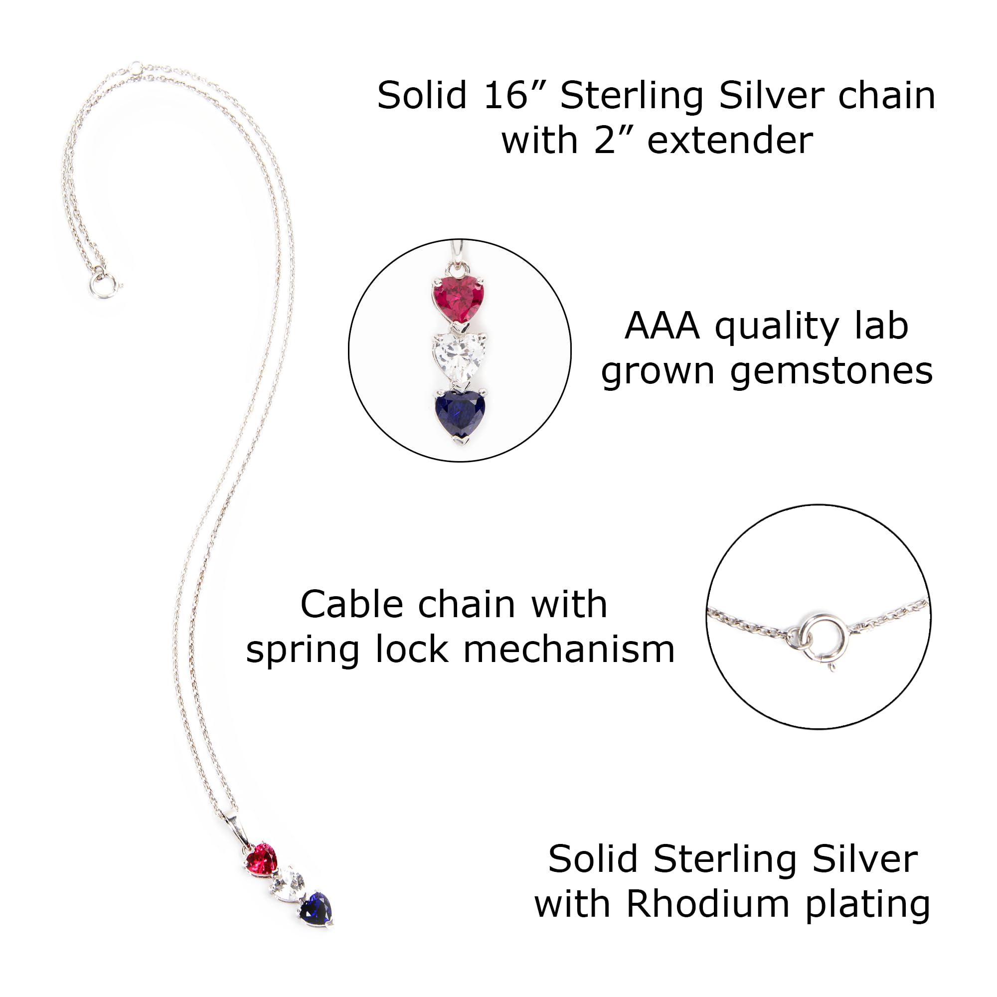 Silver Smile Solid Sterling Silver Three Stone 2.25 CTW Lab-Grown Ruby, White, Blue Heart Shaped Gemstone Pendant Necklace | Patriotic Pendant | Gift for Birthdays and Anniversary For Her