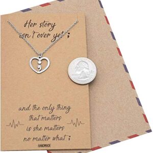 Quan Jewelry Continue Semicolon Heart Necklace, Mental Health Awareness, Encouragement Gifts for Women