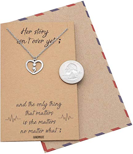 Quan Jewelry Continue Semicolon Heart Necklace, Mental Health Awareness, Encouragement Gifts for Women