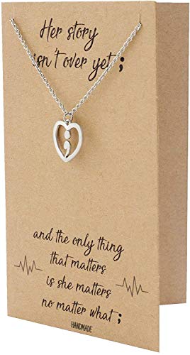 Quan Jewelry Continue Semicolon Heart Necklace, Mental Health Awareness, Encouragement Gifts for Women