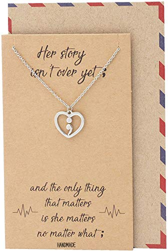 Quan Jewelry Continue Semicolon Heart Necklace, Mental Health Awareness, Encouragement Gifts for Women