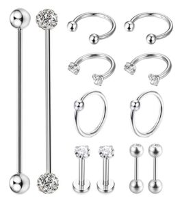 masedy 12pcs stainless steel industrial barbell cartilage piercing earrings for women men hoop helix tragus labret piercing a-silver